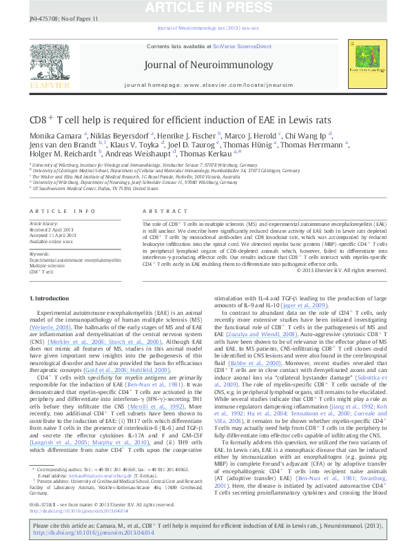 (PDF) CD8+ T cell help is required for efficient induction of EAE in ...