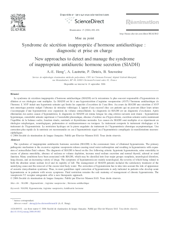 (PDF) Syndrome de sécrétion inappropriée d'hormone antidiurétique ...