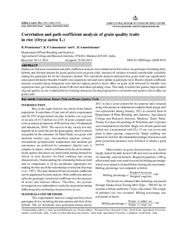 (PDF) Correlation and path coefficient analysis of grain quality traits in rice (Oryza sativa L