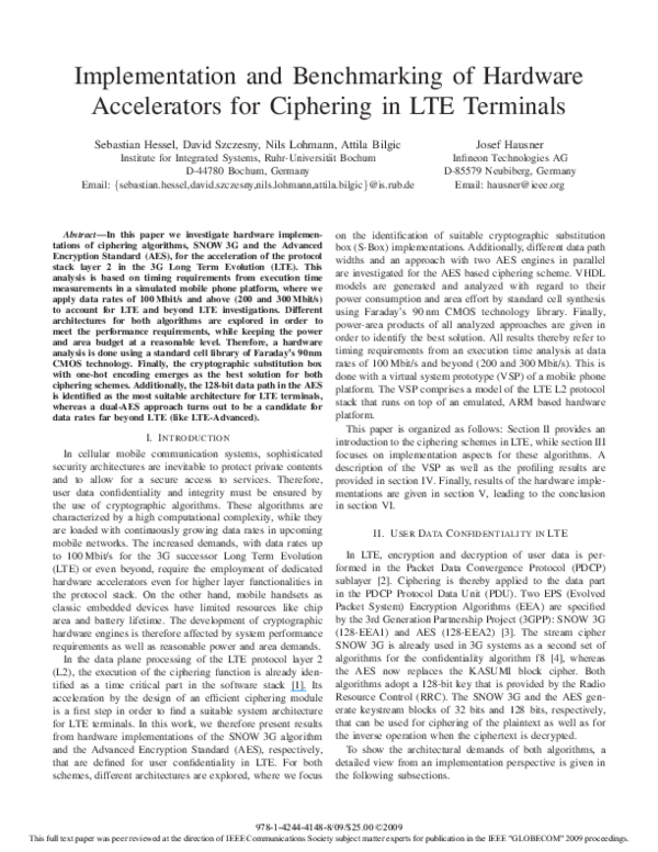 (PDF) Implementation and Benchmarking of Hardware Accelerators for Ciphering in LTE Terminals