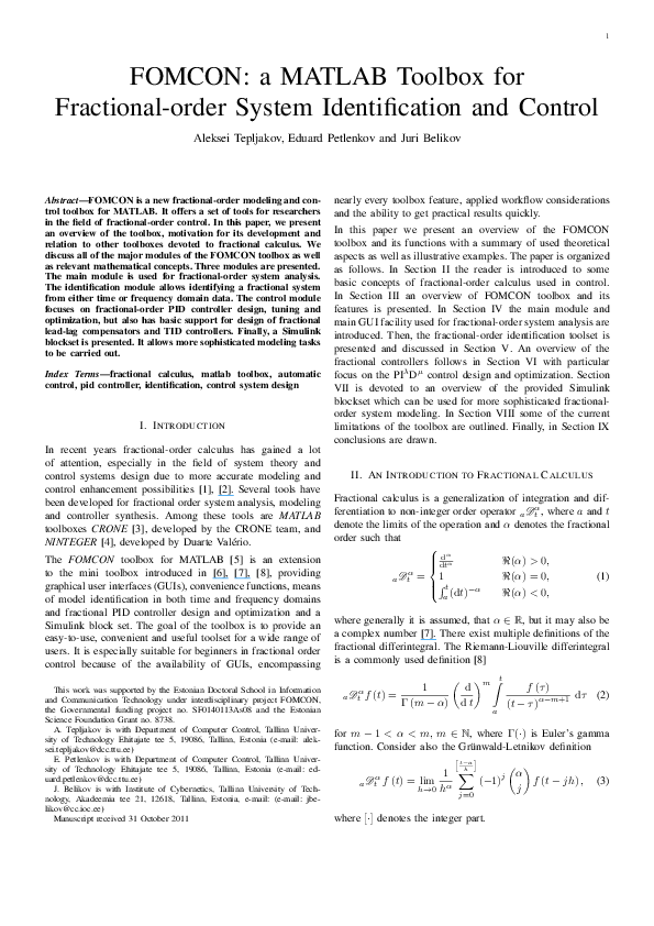 Pdf Fomcon A Matlab Toolbox For Fractional Order System Identification And Control