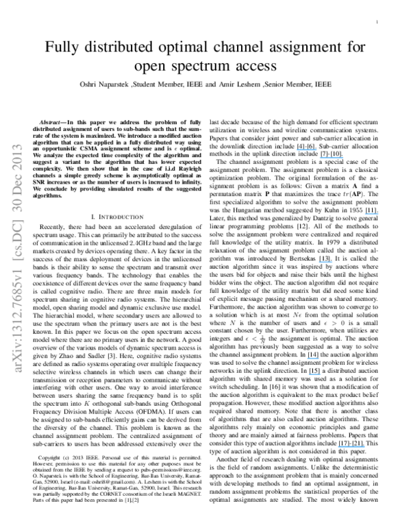 (PDF) Fully distributed optimal channel assignment for open spectrum access
