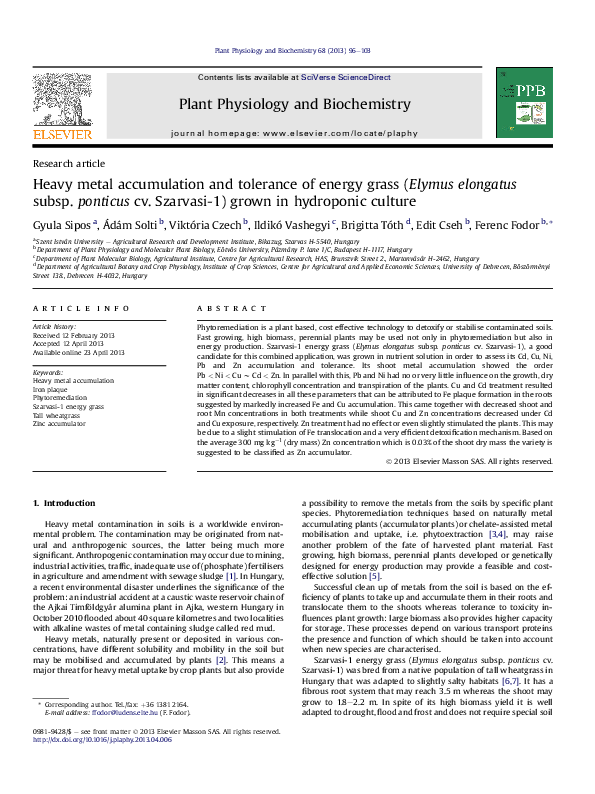 (PDF) Heavy metal accumulation and tolerance of energy grass (Elymus ...