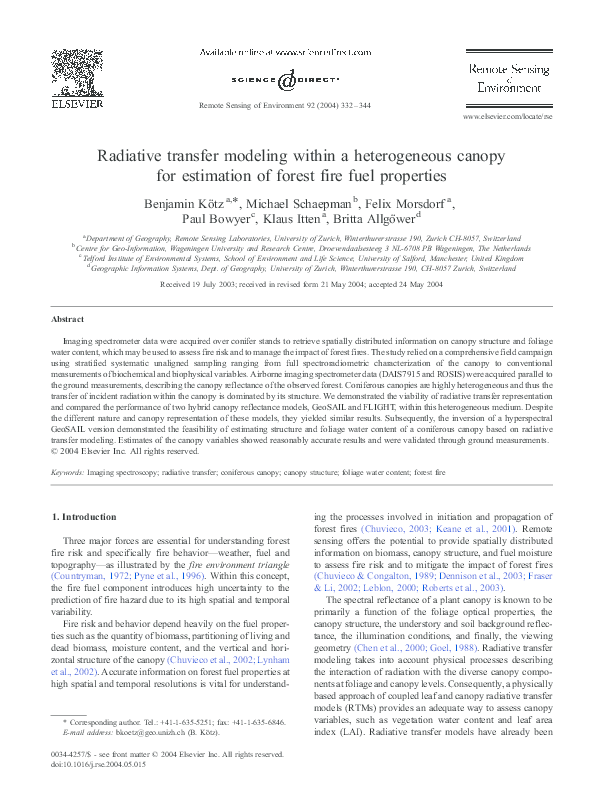 Pdf 3d Radiative Transfer Modelling Of Fire Impacts On A Two Layer