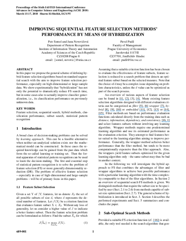 Pdf Improving Sequential Feature Selection Methods Performance By