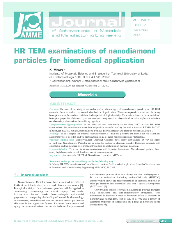 (PDF) HR TEM examinations of nanodiamond particles for biomedical ...