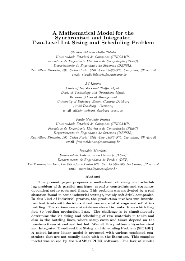(PDF) A mathematical model for the synchronized and integrated two-level lot sizing and ...