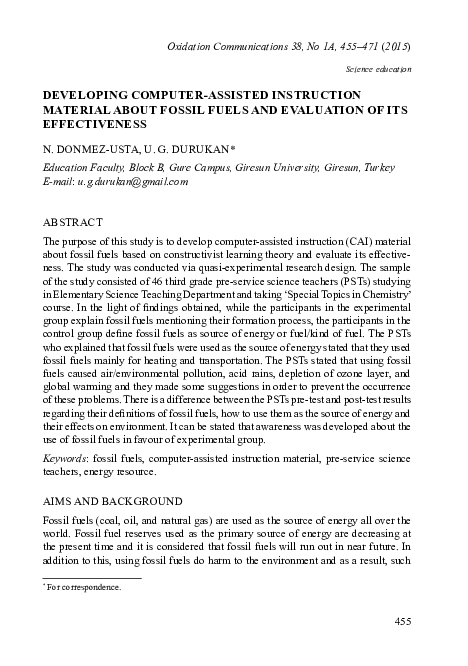 (PDF) Developing computer assisted instruction material about fossil fuels and evaluation of its ...