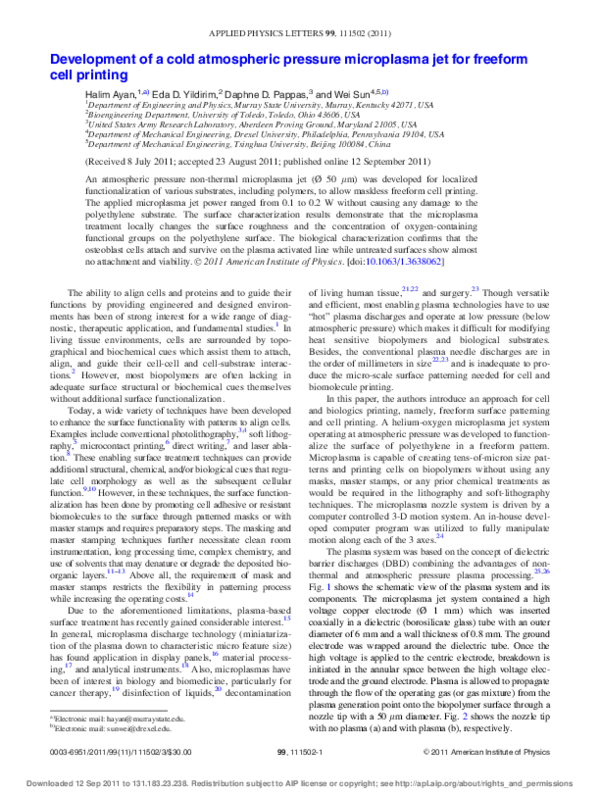 (PDF) Development of a cold atmospheric pressure microplasma jet for ...