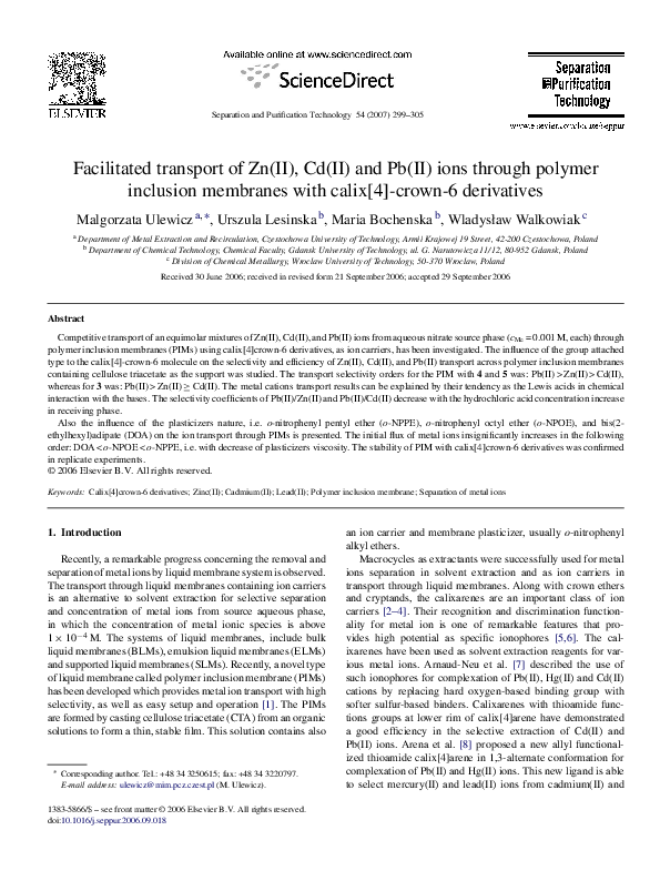 (PDF) Facilitated transport of Zn(II), Cd(II) and Pb(II) ions through polymer inclusion ...