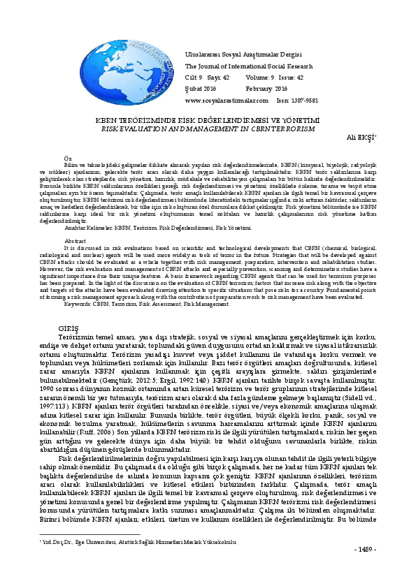 (PDF) KBRN TERÖRİZMİNDE RİSK DEĞERLENDİRMESİ VE YÖNETİMİ RISK EVALUATION AND MANAGEMENT IN CBRN ...