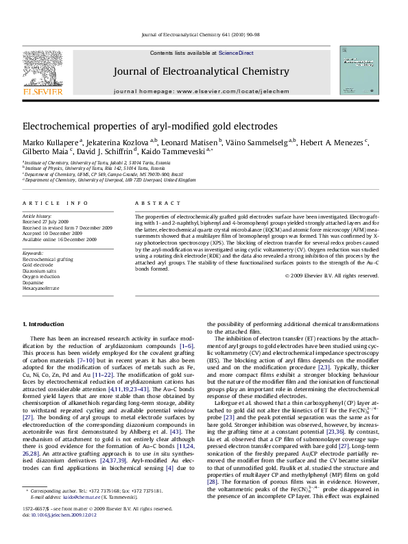 (PDF) Electrochemical properties of aryl-modified gold electrodes