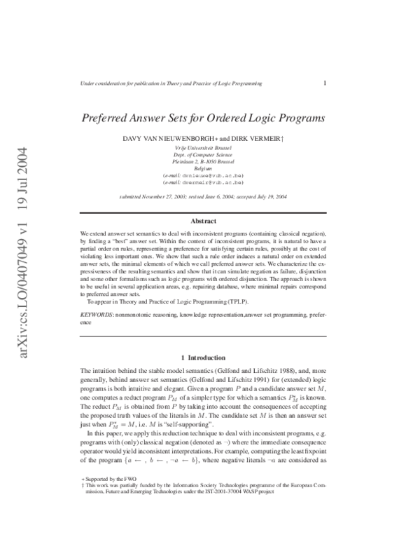 (PDF) Preferred answer sets for ordered logic programs | Davy Van Nieuwenborgh and Dirk Vermeir ...