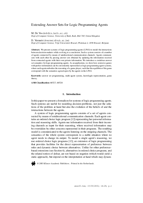 (PDF) Extending Answer Sets for Logic Programming Agents