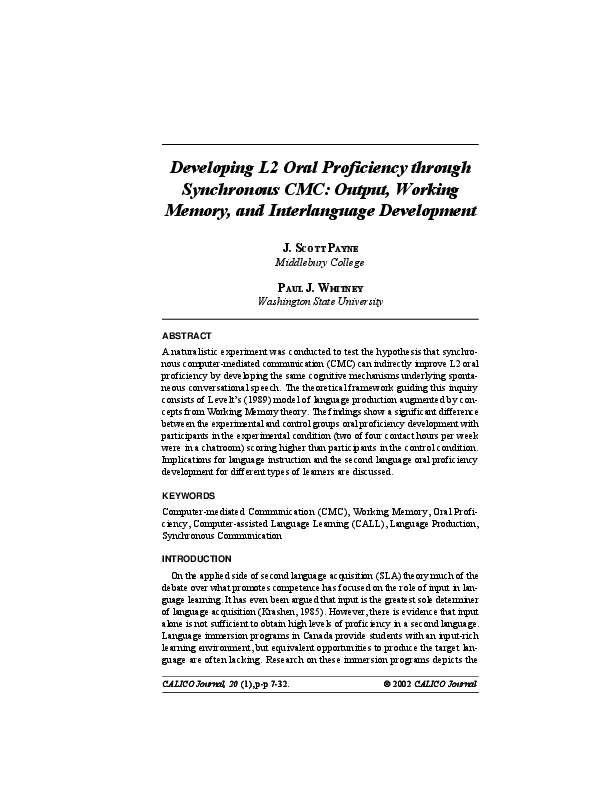 (PDF) Developing L2 Oral Proficiency through Synchronous CMC: Output, Working Memory, and ...