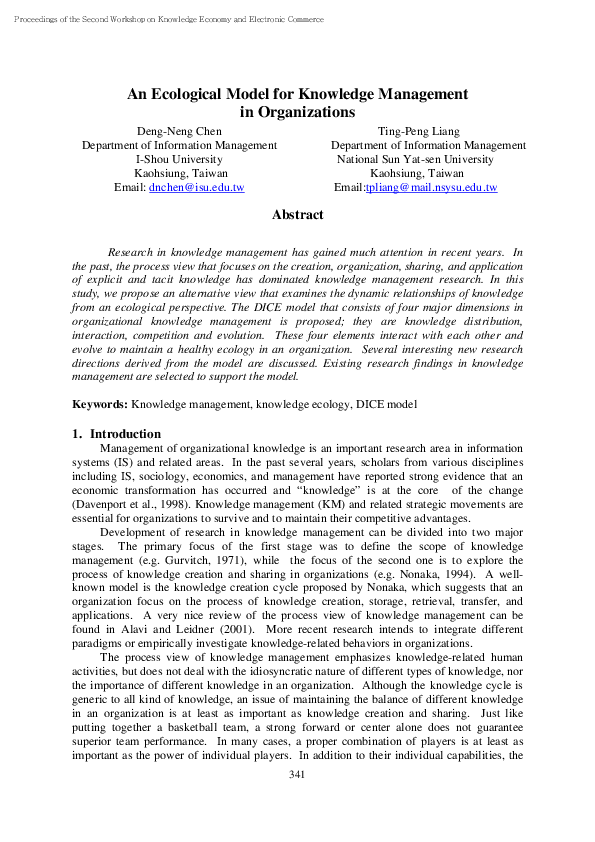 (PDF) An Ecological Model for Knowledge Management in Organizations