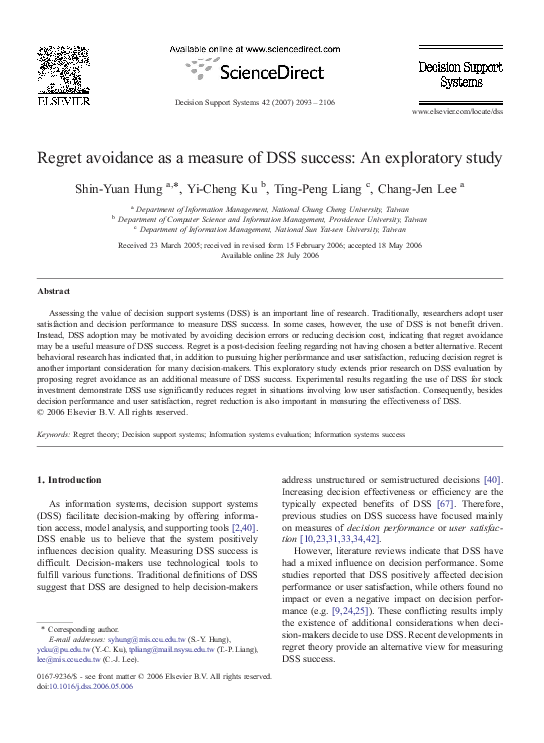 (PDF) Regret avoidance as a measure of DSS success: An exploratory study