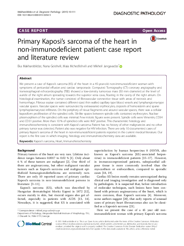 (PDF) Primary Kaposi’s sarcoma of the heart in non-immunodeficient patient: case report and ...
