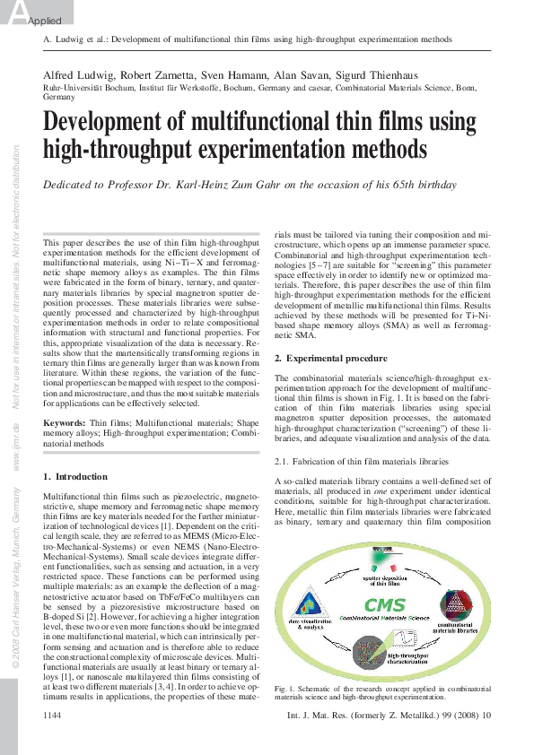 (PDF) Development of multifunctional thin films using high-throughput experimentation methods