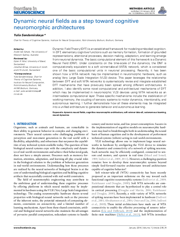 (PDF) Dynamic neural fields as a step toward cognitive neuromorphic architectures