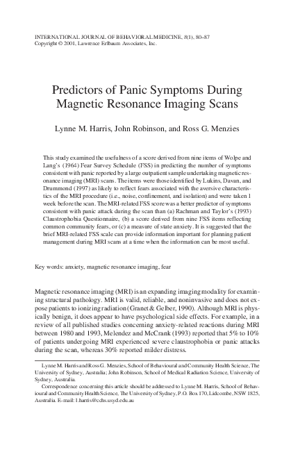 (PDF) Predictors of panic symptoms during magnetic resonance imaging scans