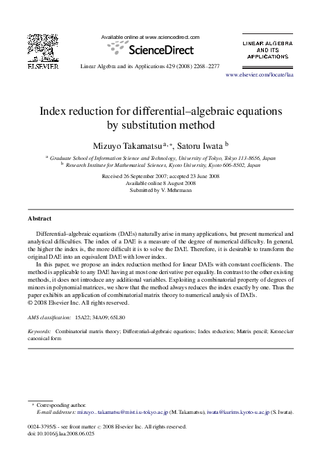 (PDF) Index reduction for differential–algebraic equations by substitution method