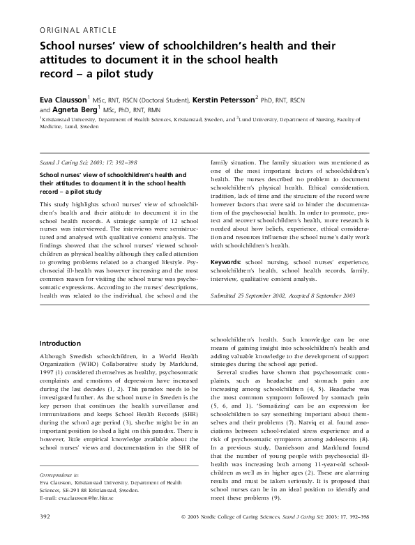 (PDF) School nurses’ view of schoolchildren's health and their ...