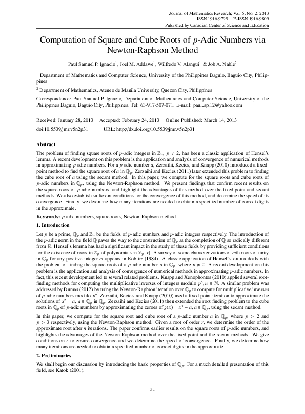 Pdf Computation Of Square And Cube Roots Of P Adic Numbers Via Newton Raphson Method