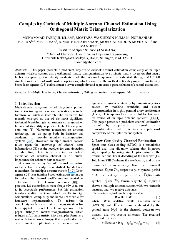 (PDF) Complexity cutback of multiple antenna channel estimation using ...