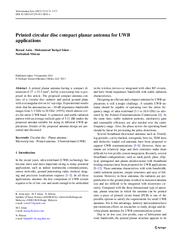 (PDF) Printed circular disc compact planar antenna for UWB applications