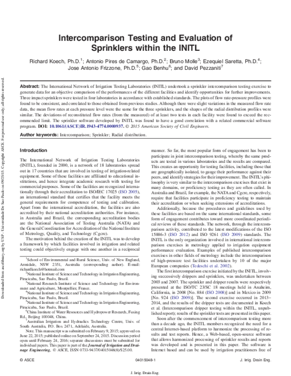 (PDF) Intercomparison Testing and Evaluation of Sprinklers within the INITL