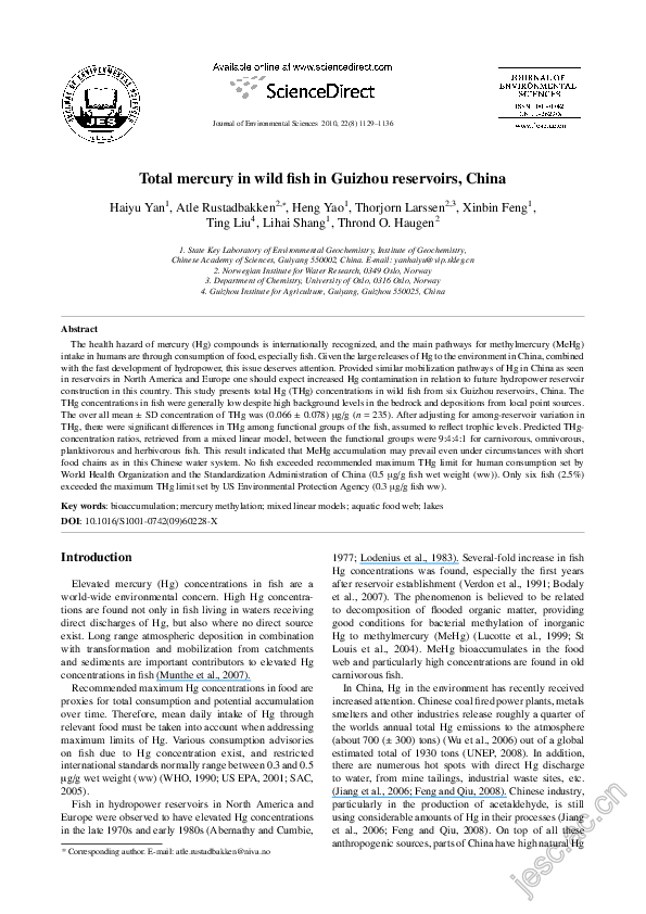 (PDF) Total mercury in wild fish in Guizhou reservoirs, China