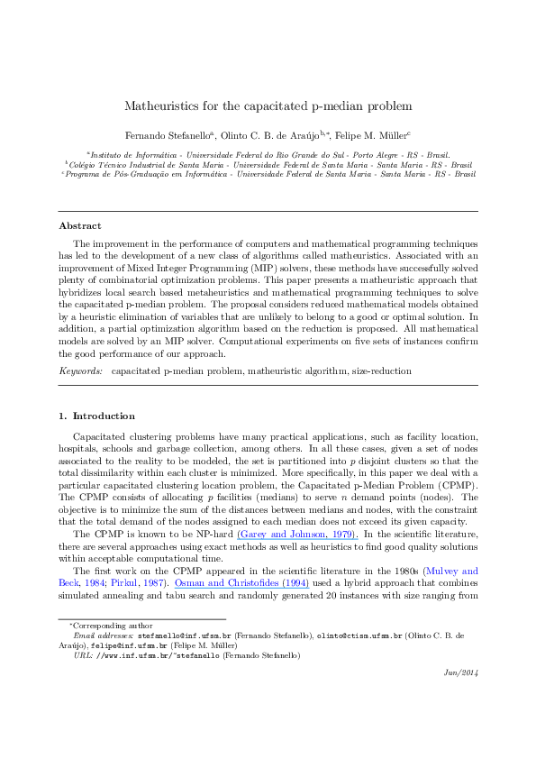 Pdf Matheuristics For The Capacitated P Median Problem Fernando