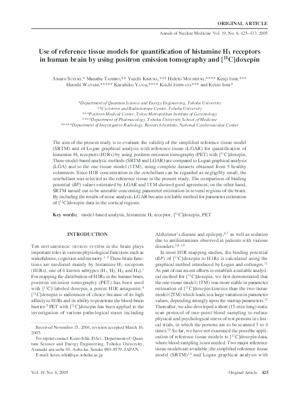(PDF) Use of reference tissue models for quantification of histamine H1 ...