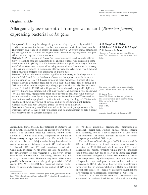 (PDF) Allergenicity assessment of transgenic mustard (Brassica juncea ...