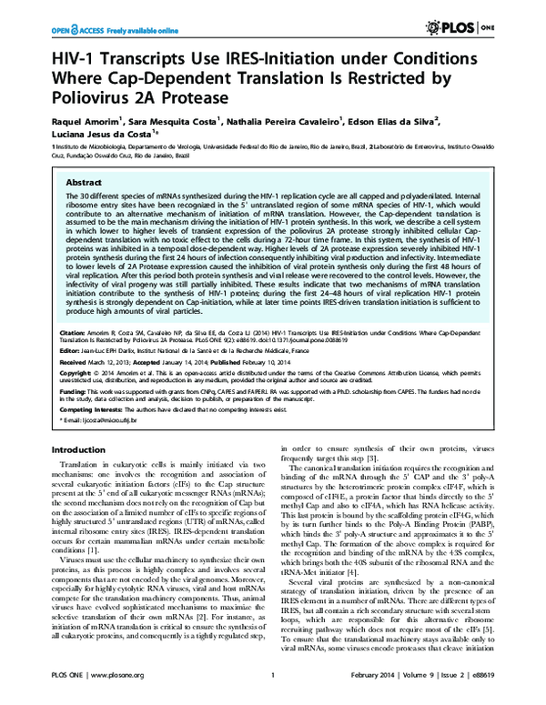 (PDF) HIV-1 Transcripts Use IRES-Initiation under Conditions Where Cap ...