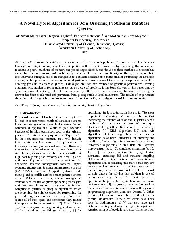 Pdf A Novel Hybrid Algorithm For Join Ordering Problem In Database Queries
