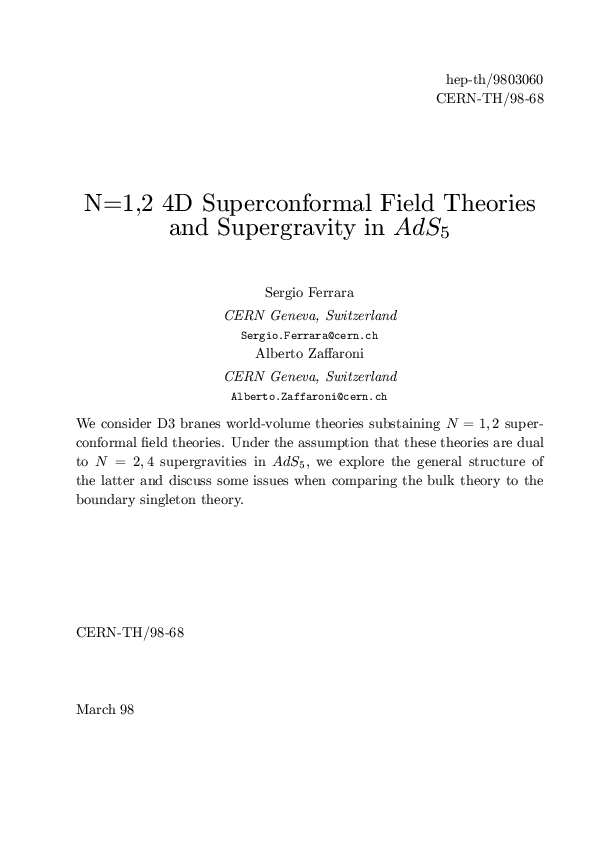 (PDF) N=1,2 4D superconformal field theories and supergravity in AdS5