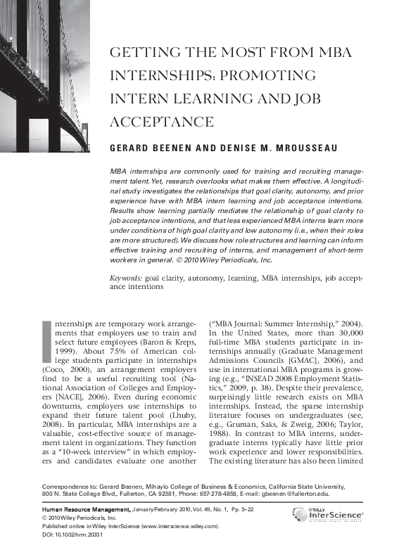 (PDF) Getting the most from MBA internships: Promoting intern learning ...