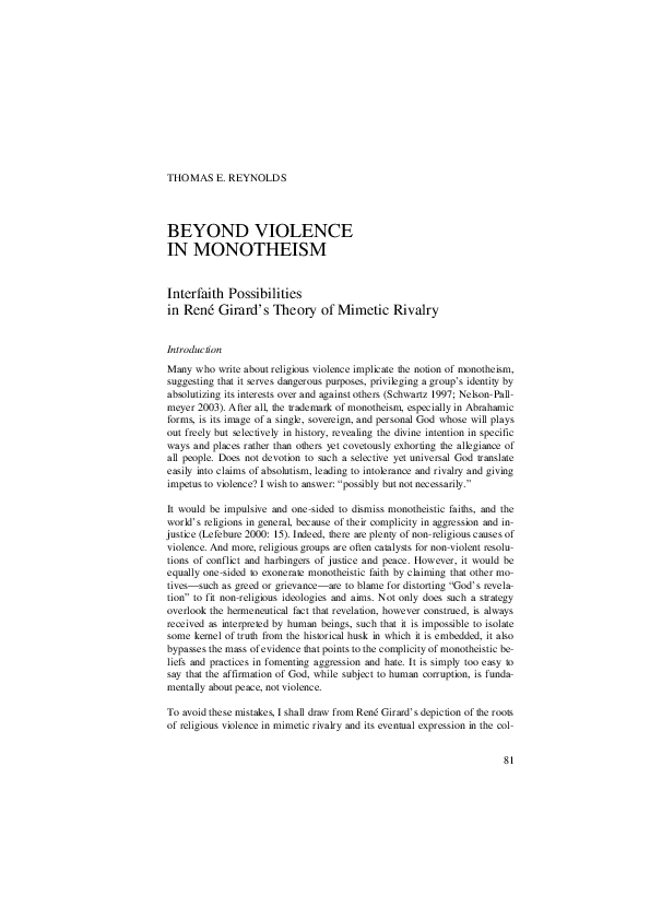 (PDF) BEYOND VIOLENCE IN MONOTHEISM Interfaith Possibilities in René ...