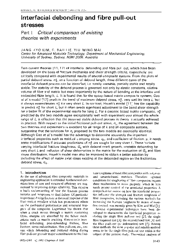 (PDF) Interfacial debonding and fibre pull-out stresses