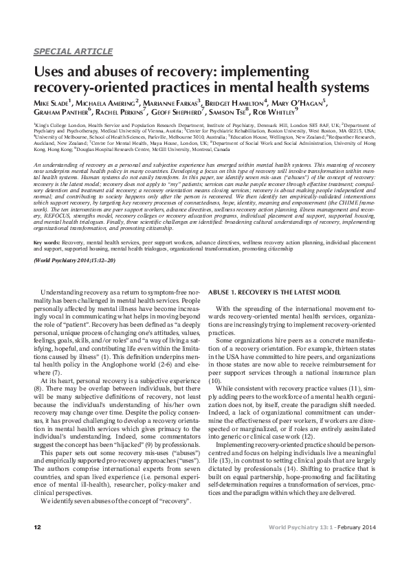 (PDF) Uses and abuses of recovery: implementing recovery-oriented ...