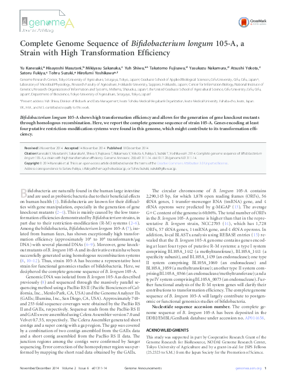(PDF) Complete Genome Sequence of Bifidobacterium longum subsp. longum KACC 91563