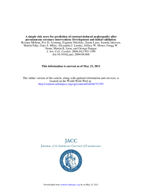 A simple risk score for prediction of contrast-induced nephropathy ...