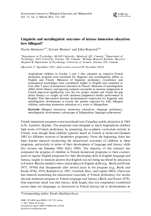 (PDF) Linguistic and metalinguistic outcomes of intense immersion ...