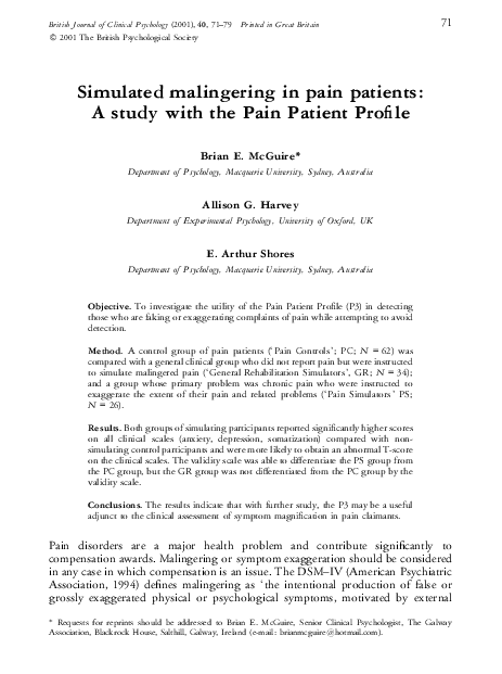 (PDF) Malingering in Pain: Insights and Assessment