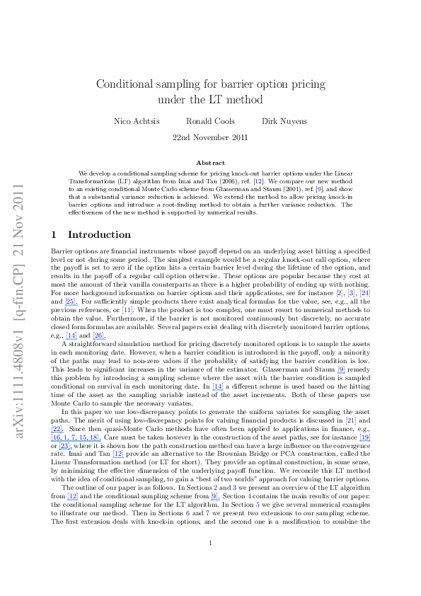 (PDF) Conditional sampling for barrier option pricing under the Heston model