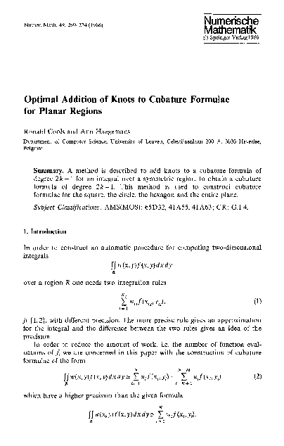 (PDF) Optimal addition of knots to cubature formulae for planar regions