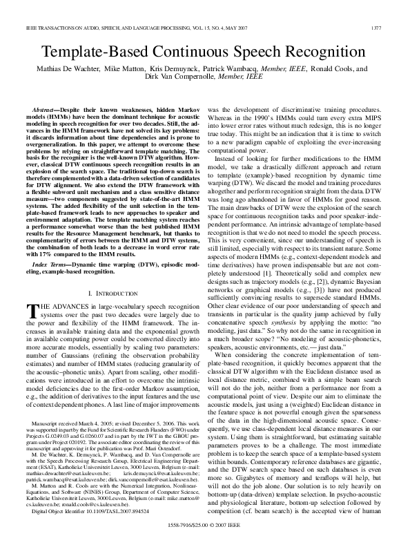 (PDF) Template-Based Continuous Speech Recognition