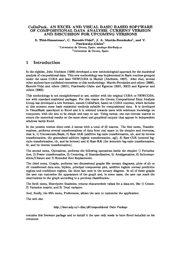 (PDF) CoDaPack. An Excel and Visual Basic based software of compositional data analysis. Current ...